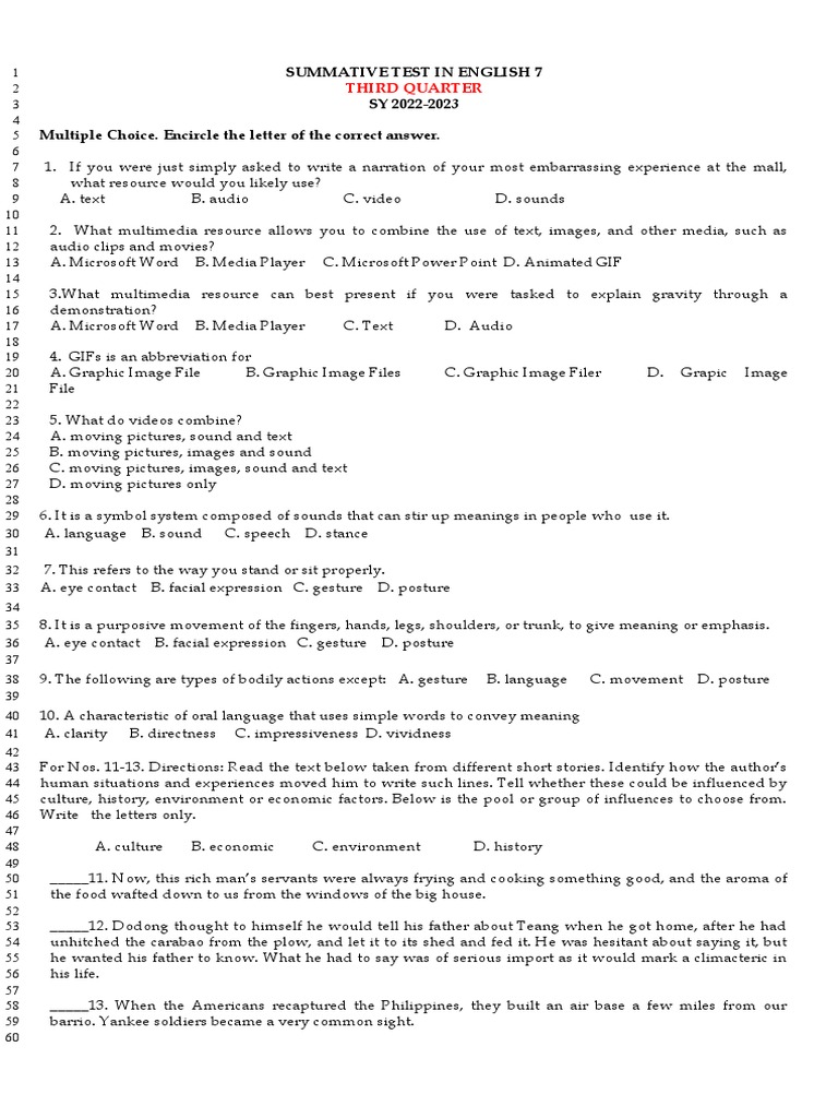 Summative Test in English 7 SY 2022-2023 Multiple Choice. Encircle The ...