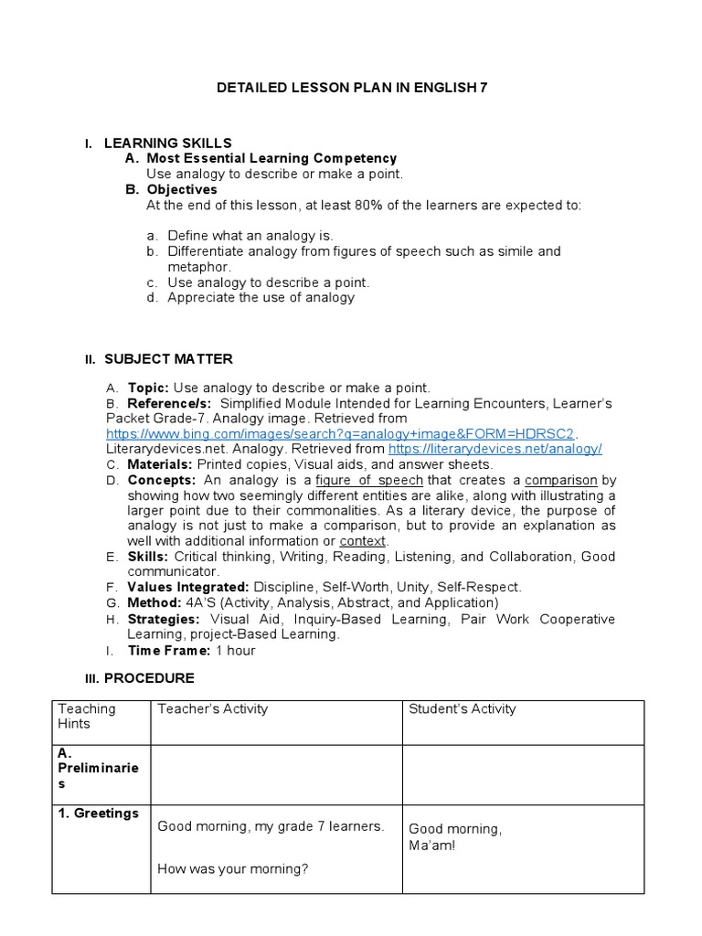 Detailed Lesson Plan-6 (English 7) | PDF | Analogy | Metaphor