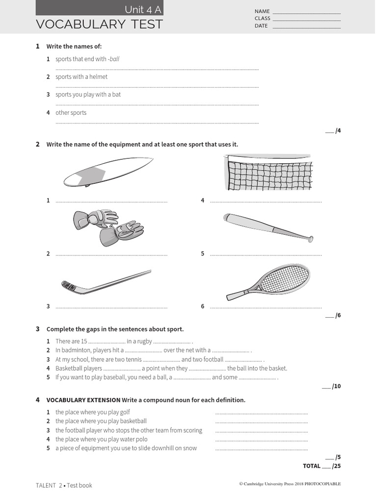 Talent Level 2 Vocabulary Tests Unit 4 | PDF | Sports | Entertainment