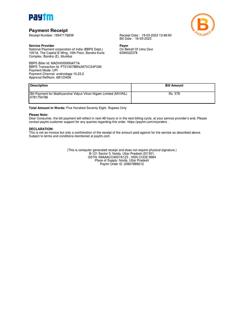 Payment Receipt: Service Provider Payer | PDF