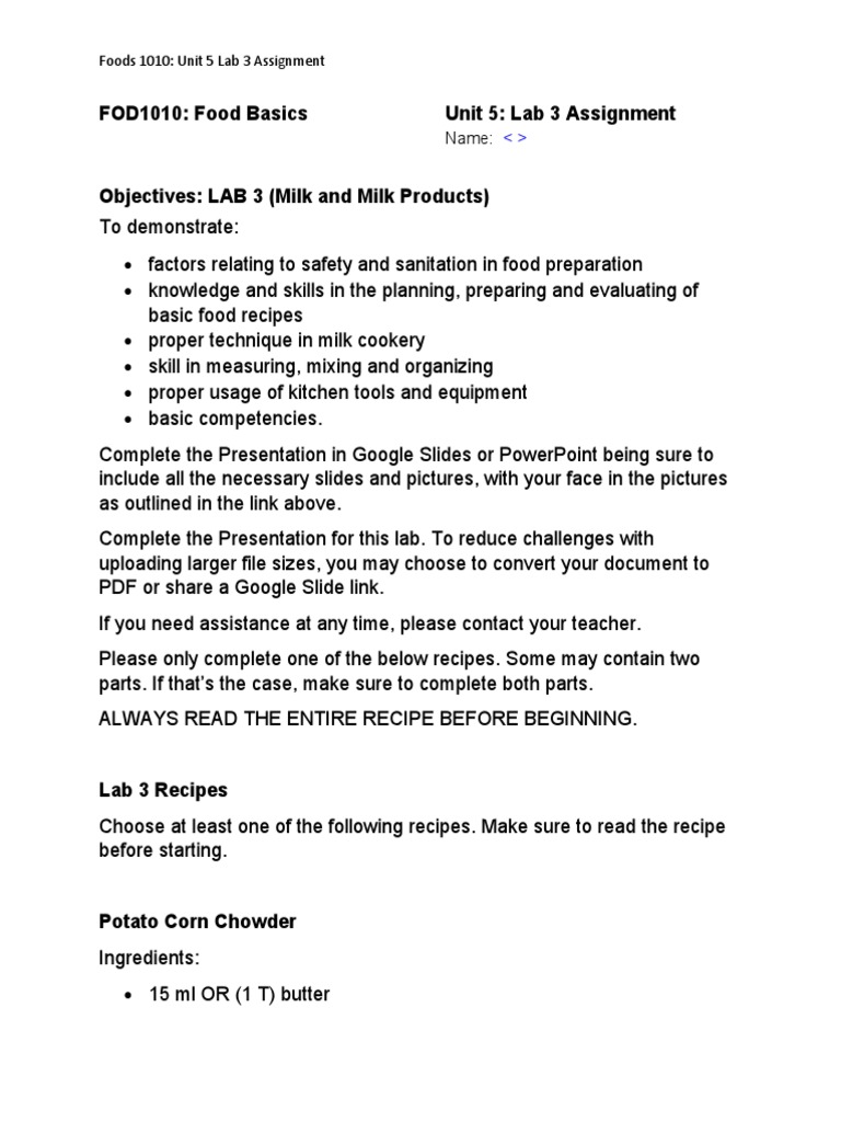 Milk Cookery Lab Assignment | PDF | Corn Starch | Pasta
