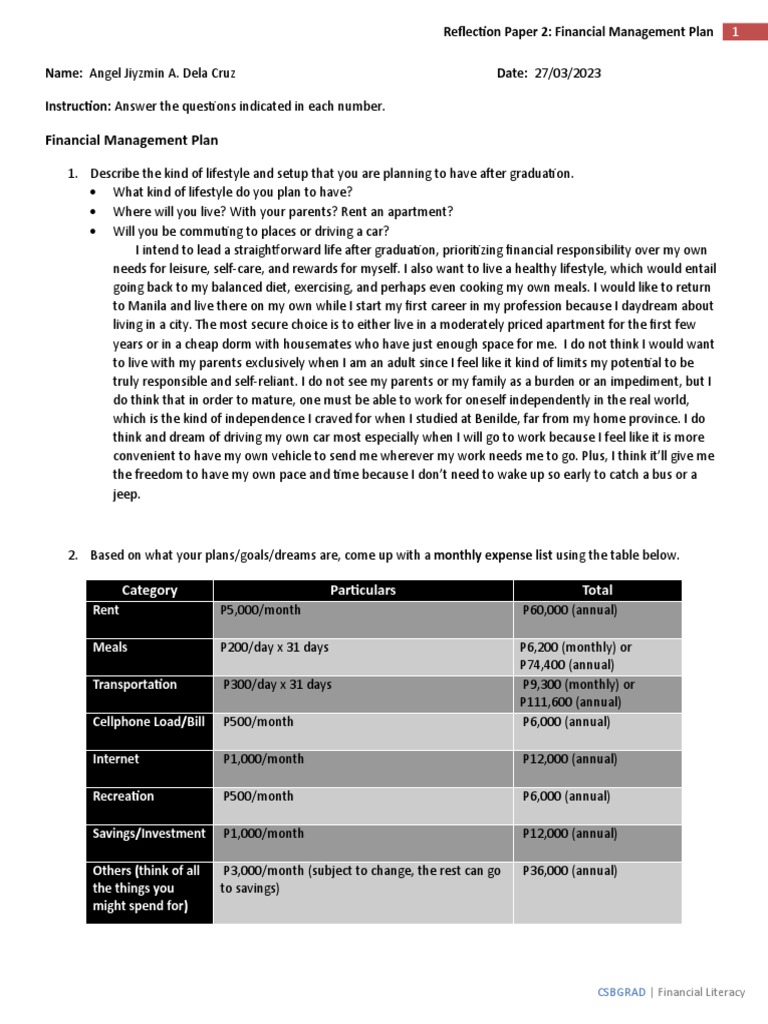 Financial Management Plan Reflection | PDF | Money | Investment Management