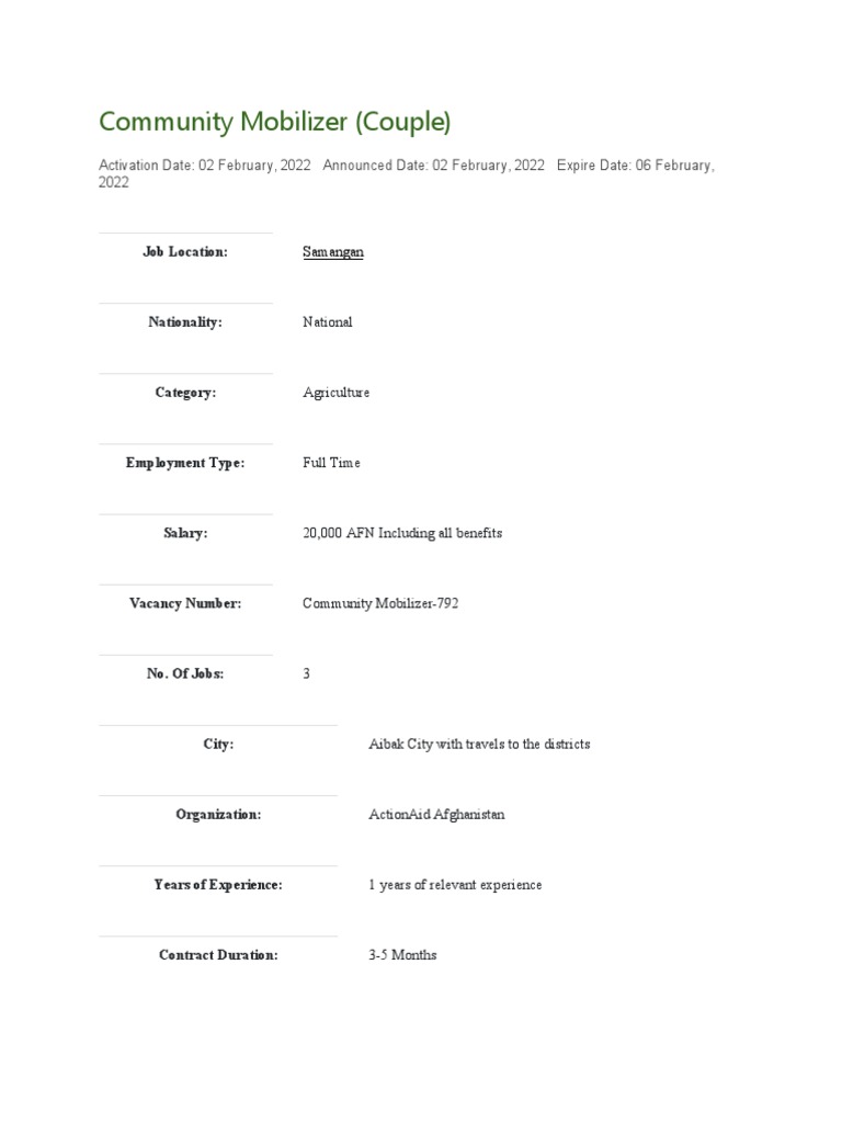 Community Mobilizer (Couple) | Download Free PDF | Employment | Poverty