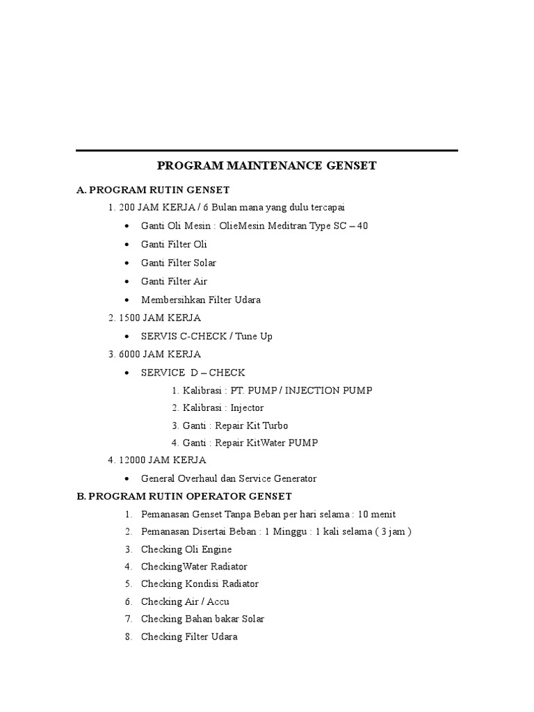 Program Maintenance Genset | PDF