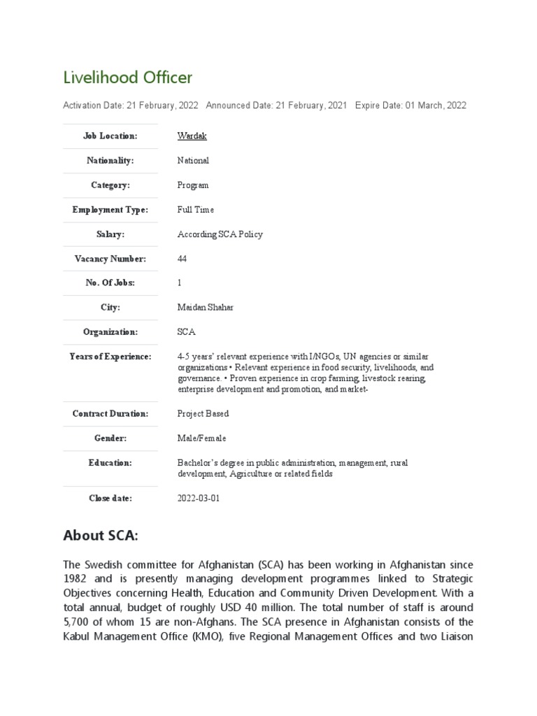 Livelihood Officer-SCA - 01 Mar | PDF | Disaster Risk Reduction | Wash