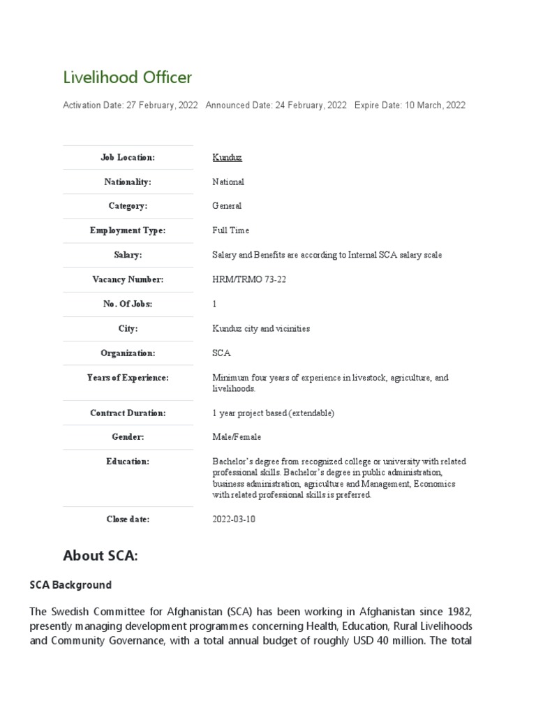 Livelihood Officer-SCA - 10 Mar | PDF | Wash | Disaster Risk Reduction