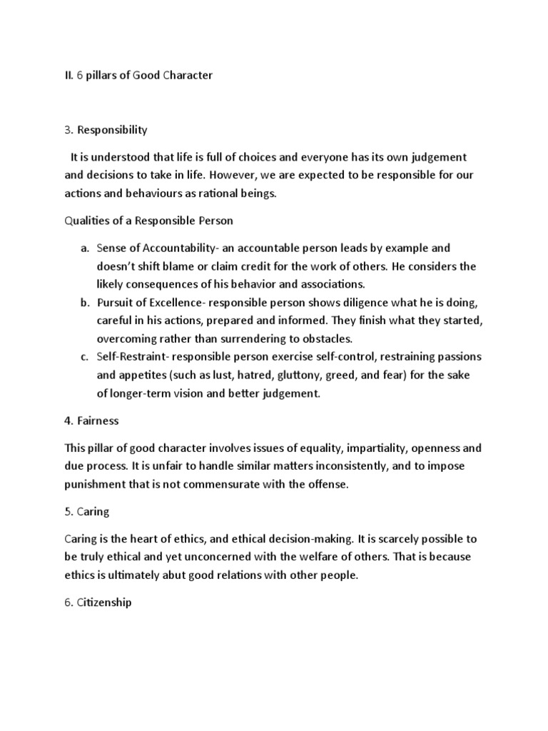 II. 6 Pillars of Good Character | PDF | Applied Ethics | Psychology