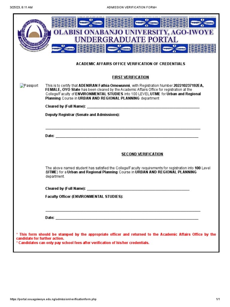 Admission Verification Form | PDF