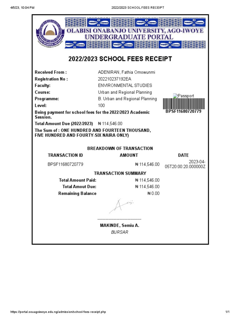 2022_2023 SCHOOL FEES RECEIPT | PDF | Money | Business