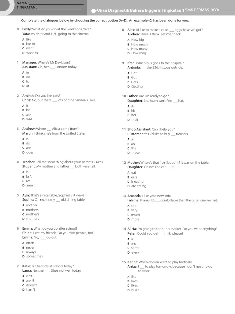 Ujian Diagnostik Bahasa Inggeris Tingkatan 1: A B C D A B C D | PDF