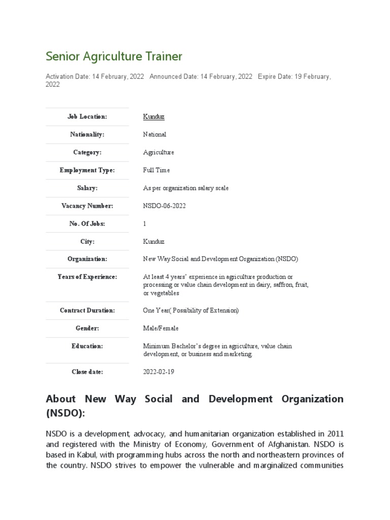Senior Agriculture Trainer-19 February-NSDO | PDF | Agribusiness ...