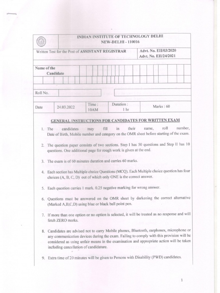 Question Paper of AR Advt. E-II-03-20 & 24-21 | PDF