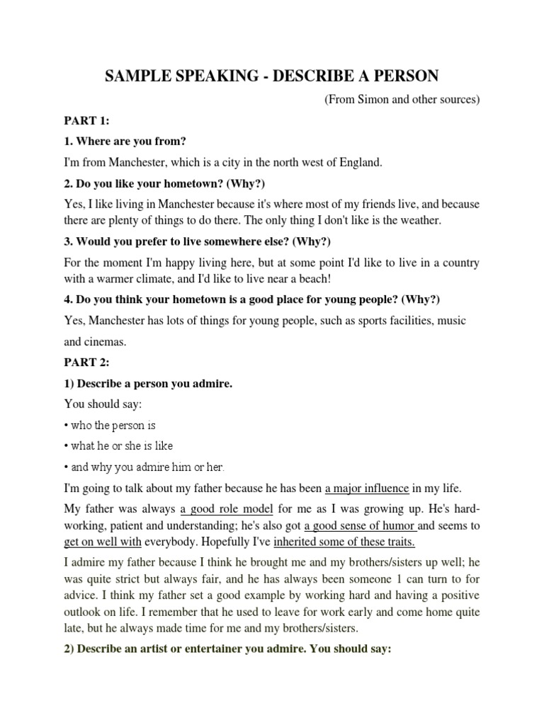 Sample Speaking - Describe A Person | PDF | Psychology