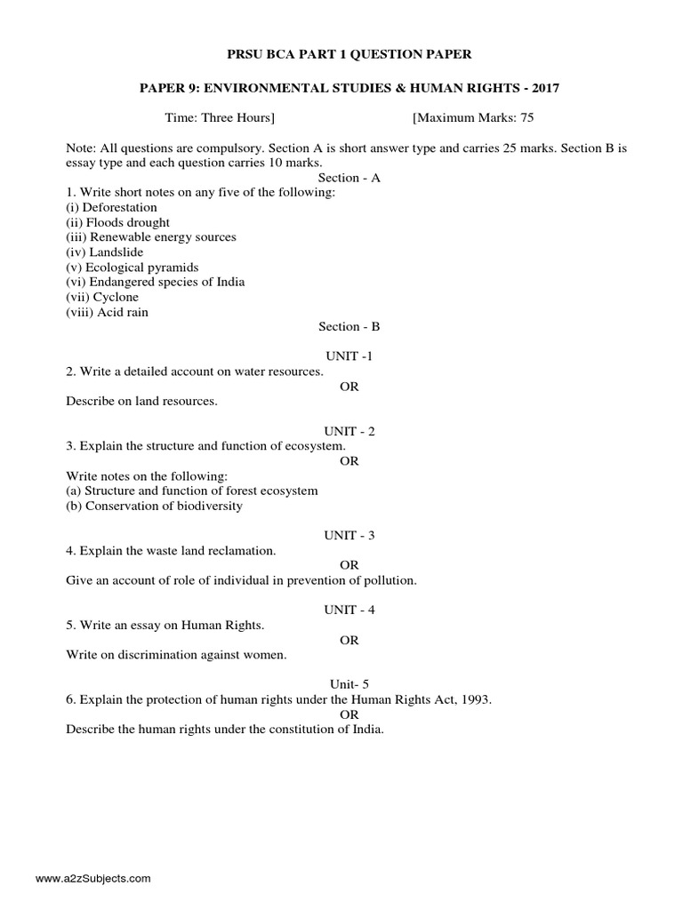 Prsu Bca Part 1 Question Paper Paper 9: Environmental Studies & Human ...