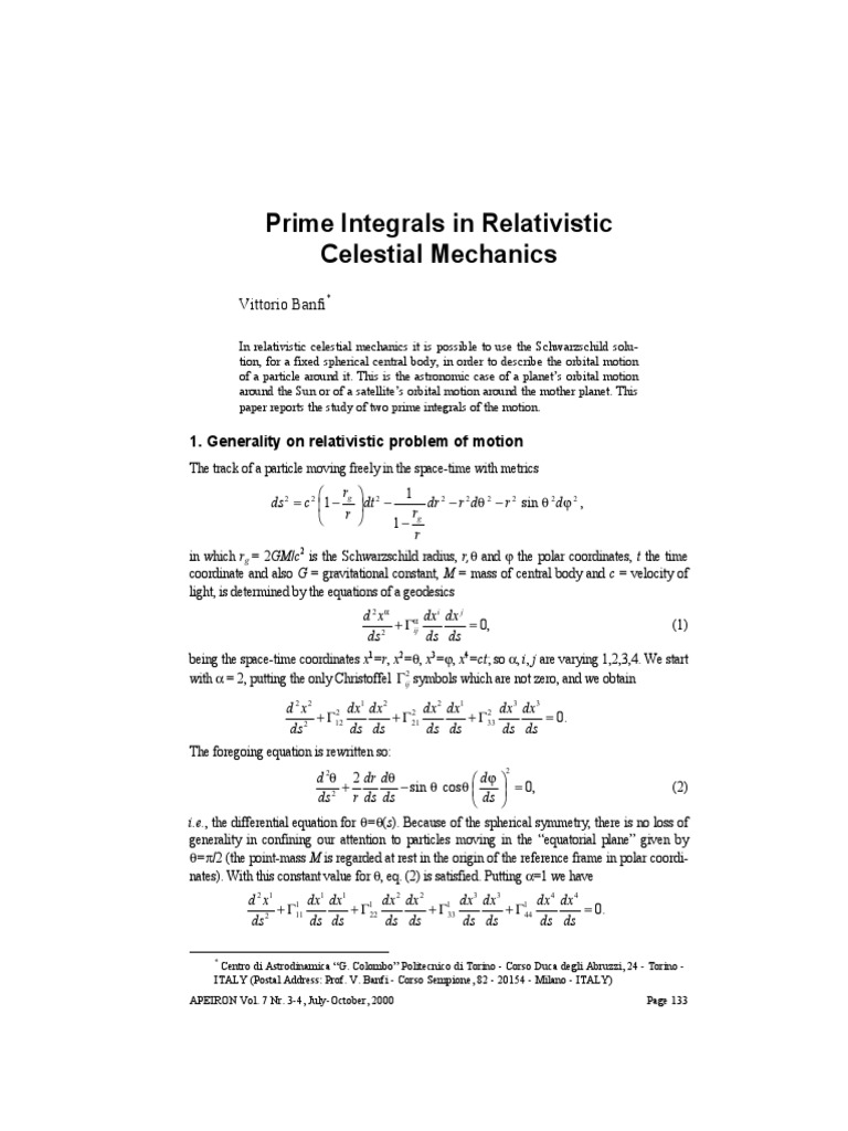 Prime Integrals in Relativistic Celestial Mechanics: Vittorio Banfi | PDF | General Relativity ...