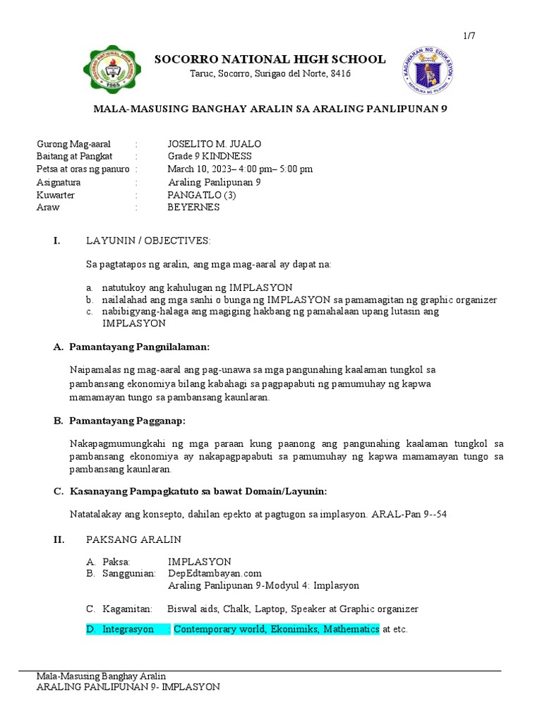 Implasyon-Masusing Banghay Aralin Sa Araling Panlipunan 9 | PDF