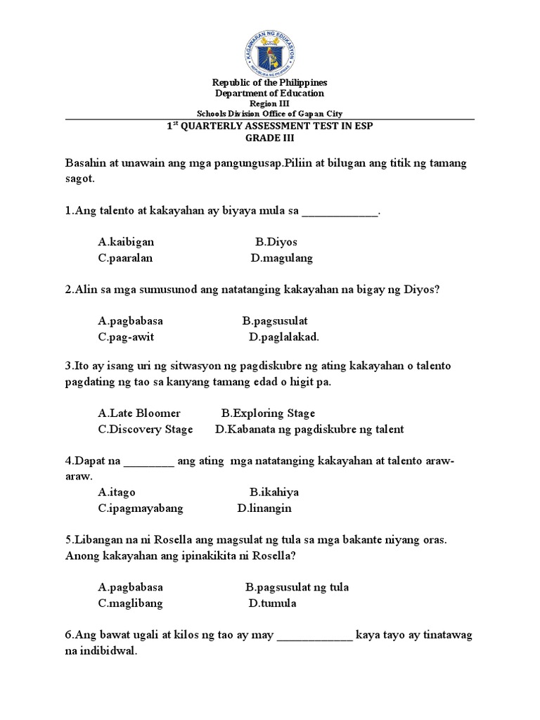 Gr.3 1st Quarterly Assessment Test in Esp 3 | PDF