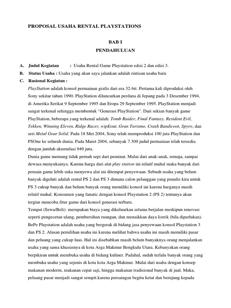 Proposal Usaha Rental Playstations | PDF | Game & Aktivitas