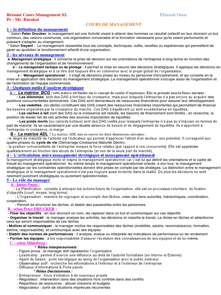 Résumé du Cours de Management S2 | PDF | Motivation | Motivant