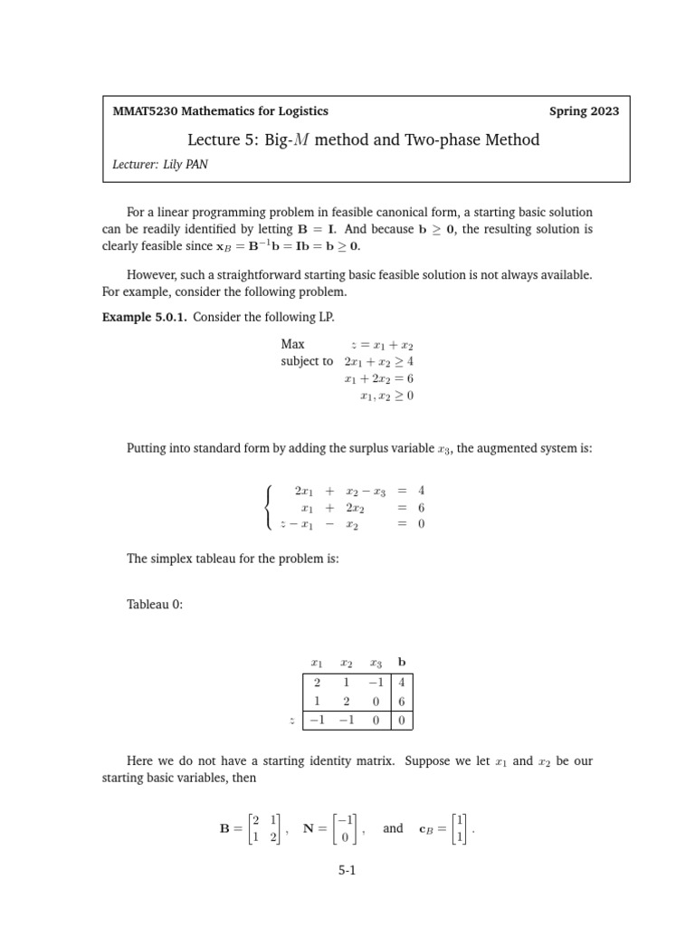 Lecture 5: Big-M Method and Two-Phase Method: Lecturer: Lily PAN | PDF | Mathematical ...
