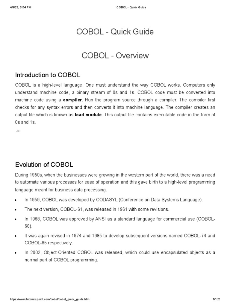 COBOL - Quick Guide | PDF | Computer Program | Programming COBOL - Quick Guide | PDF | Computer Program | Programming