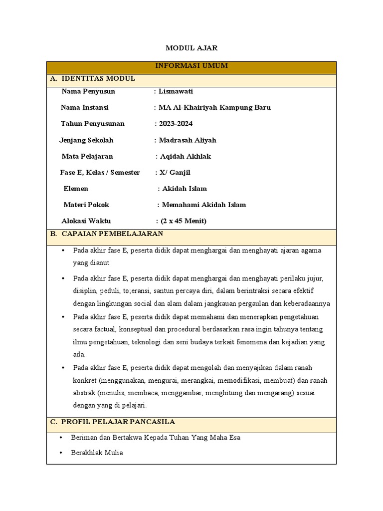 Modul Ajar - Akidah Islam | PDF