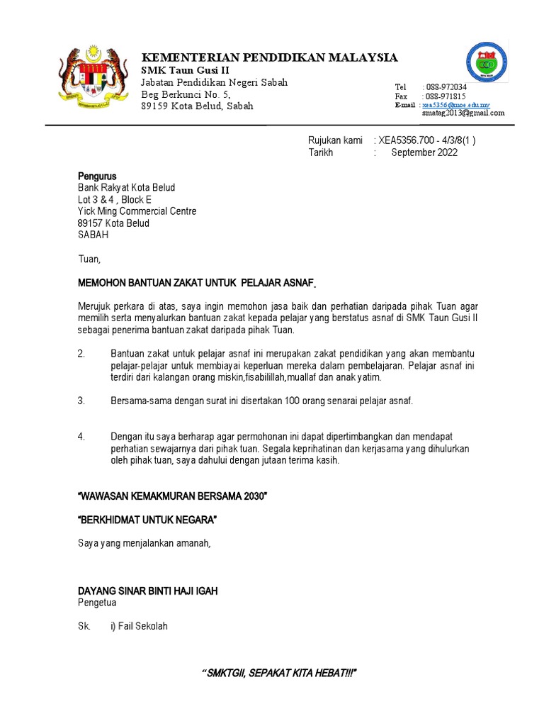 Surat Permohonan Bantuan Zakat Daripad Bank Rakyat 2022 | PDF