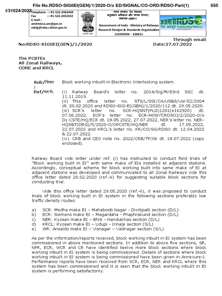 Through Email No:RDSO-SIG0EI (GEN) /1/2020 Date:27.07.2022 | PDF | Rail ...