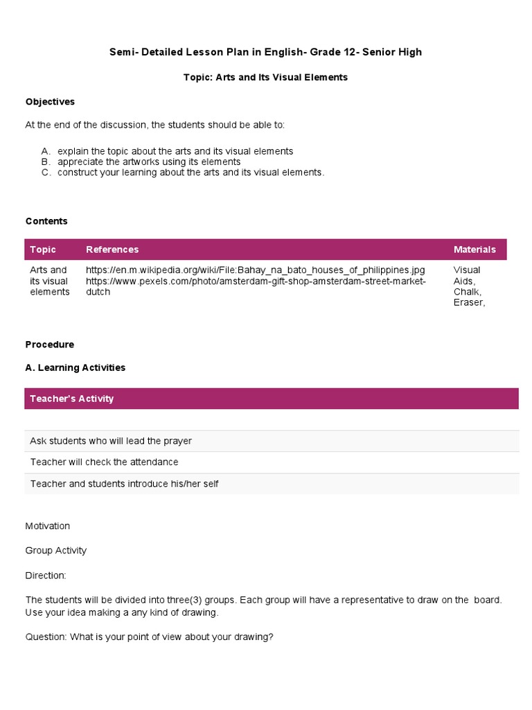Grade 12 Art Elements Lesson Plan | PDF | Color | Hue