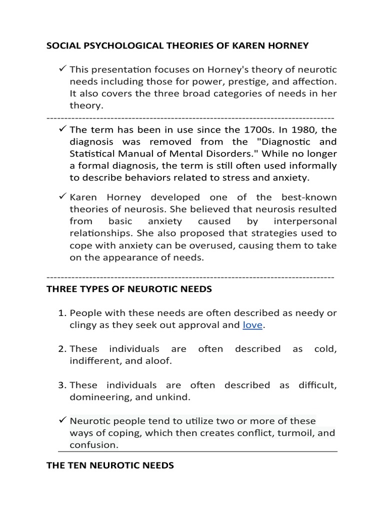 Social Psychological Theories of Karen Horney | PDF | Neurosis | Anxiety