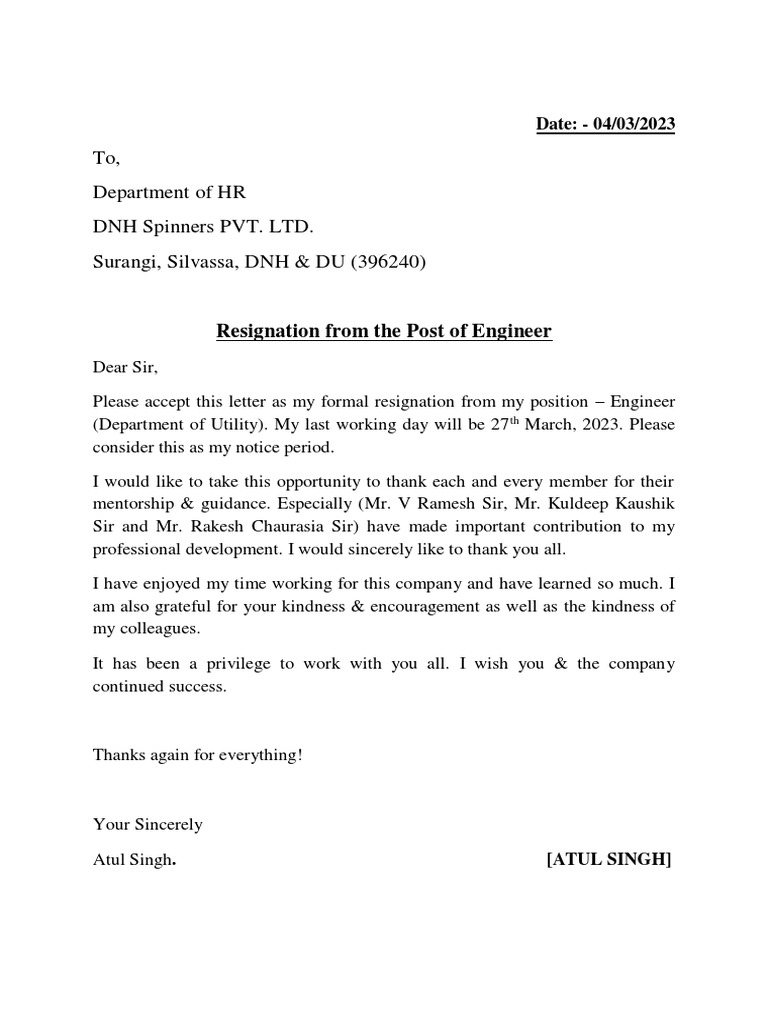 Engineer Resignation Letter Template | PDF