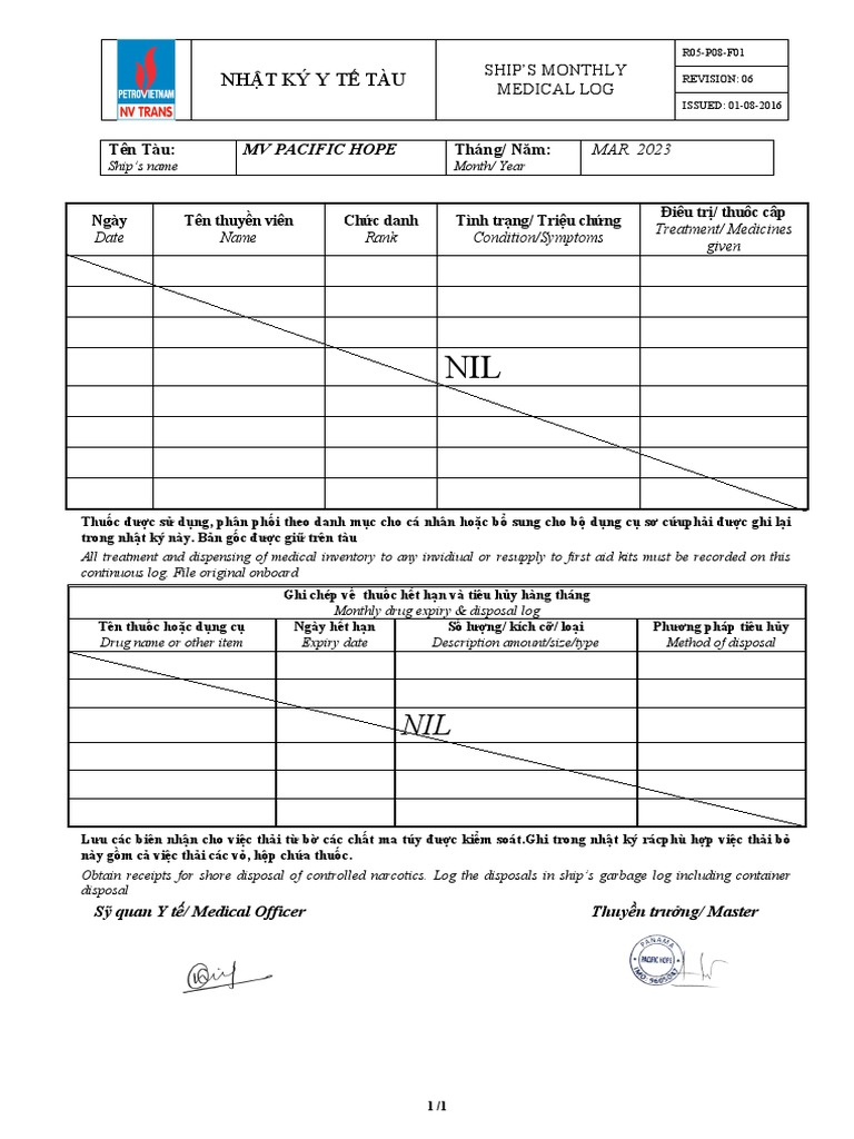 R05-P08-F01 Ship's Monthly Medical Log | PDF