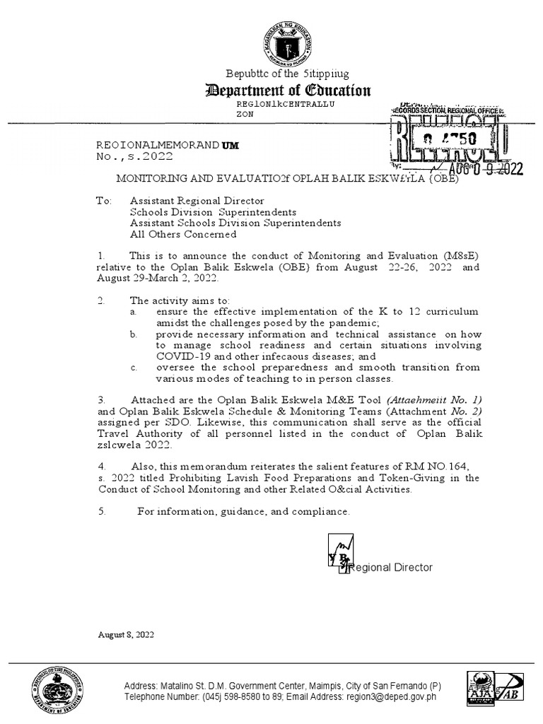 Evaluation Oplan Balik Eskwela Obe 1 | PDF | Classroom | Learning