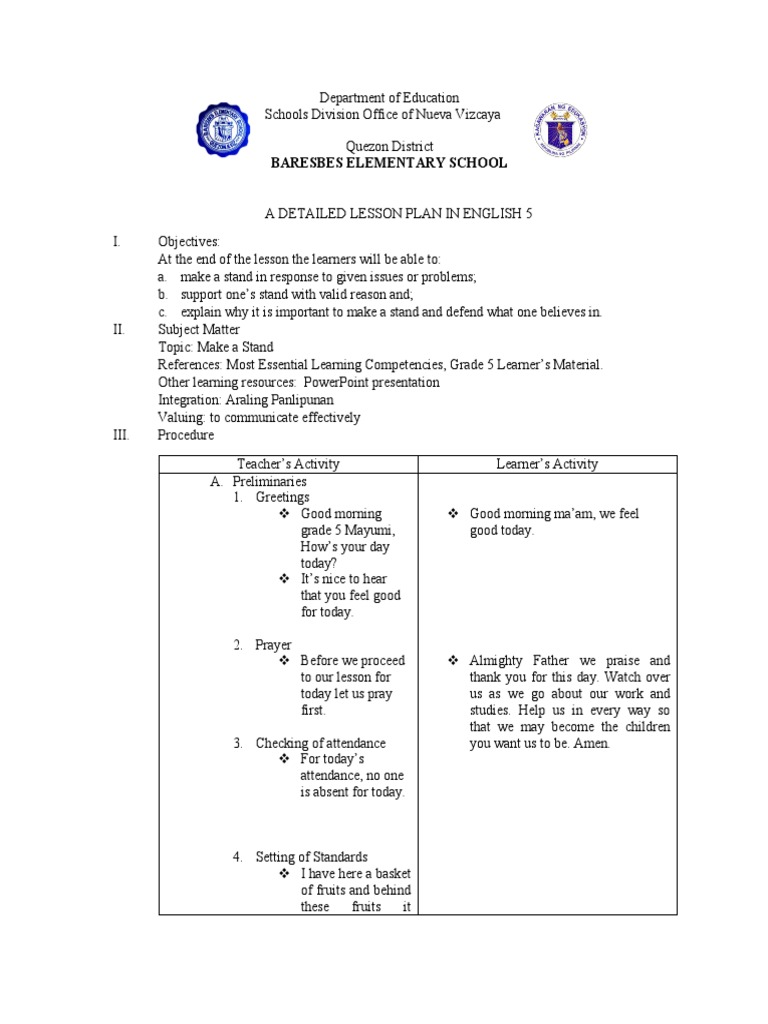 Detailed Lesson Plan for English 5 | PDF | Cognitive Science | Cognition
