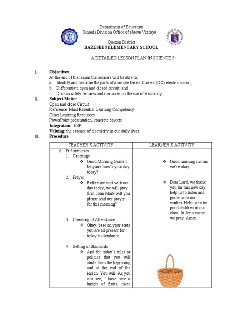 A Detailed Lesson Plan in Science 5 | PDF | Switch | Electricity