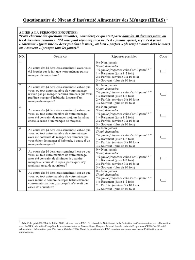 Questionnaire HFIAS sur l'insécurité alimentaire | PDF | Nourritures ...