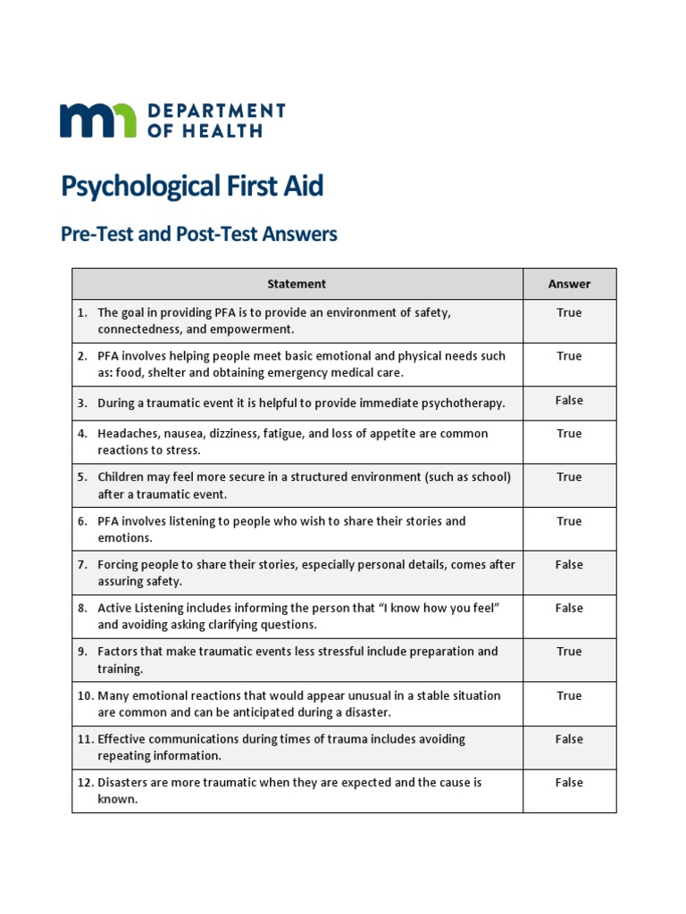 PFA Pre-Test and Post-Test Answers | PDF