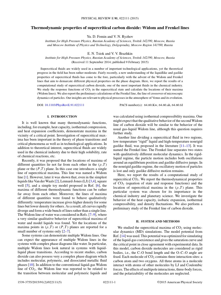 Thermodynamic Properties of Supercritical Carbon Dioxide - Widom and ...