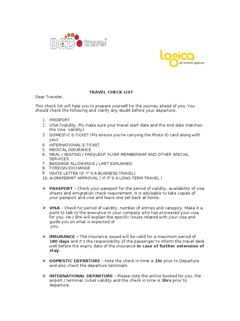 Travel Check List New | PDF | Travel Visa | Aviation