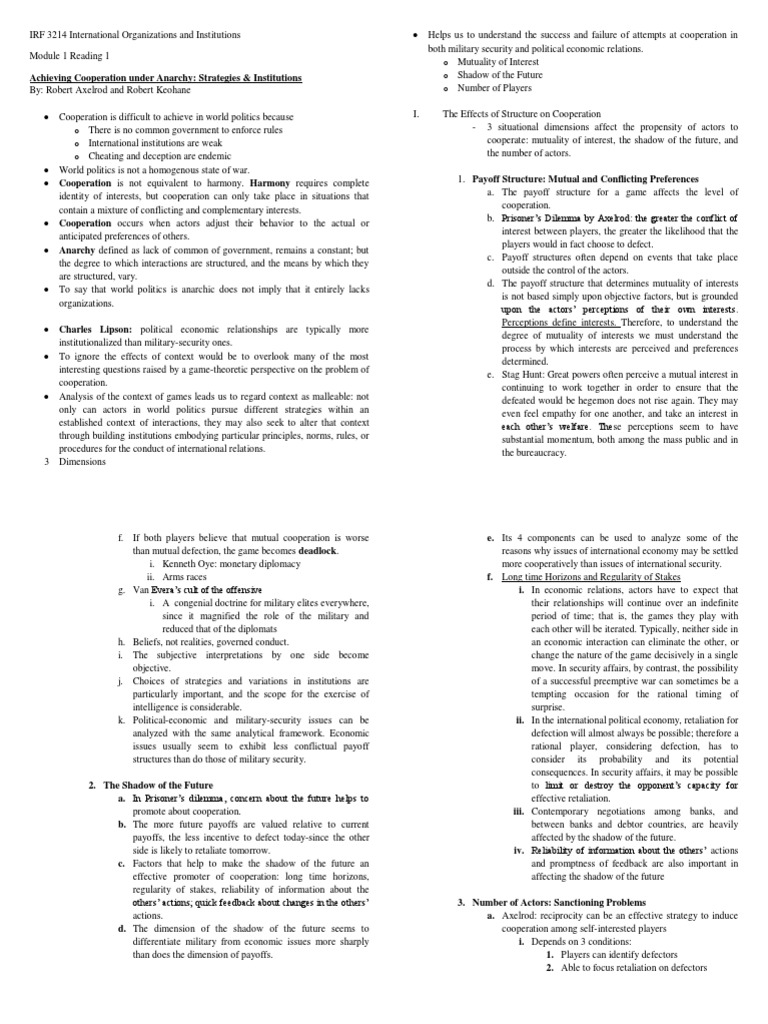 Achieving Cooperation Under Anarchy Strategies & Institutions | PDF ...