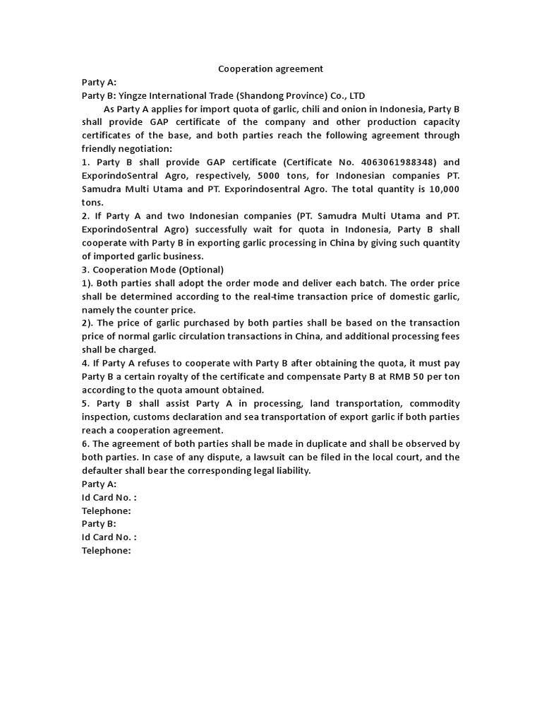 Garlic Export Cooperation Agreement | PDF