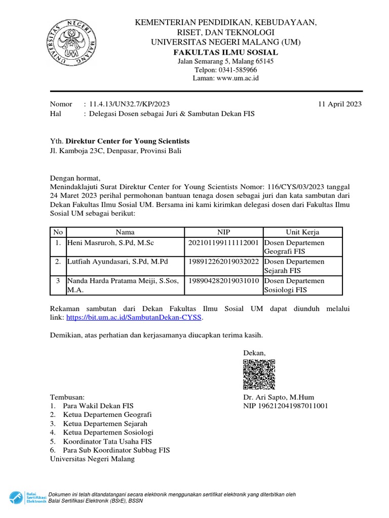 Delegasi Dosen FIS UM untuk Juri | PDF