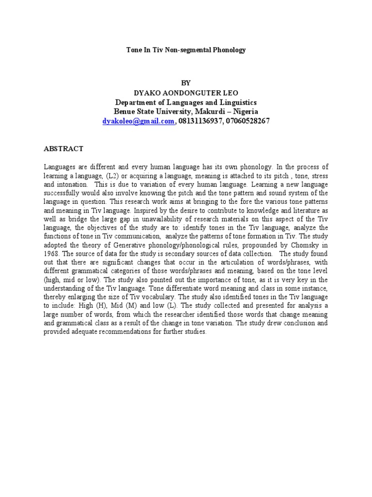 Tone in Tiv Non-Segmental Phonology. by Dyako Aondonguter Leo | PDF | Phonology | Tone (Linguistics)
