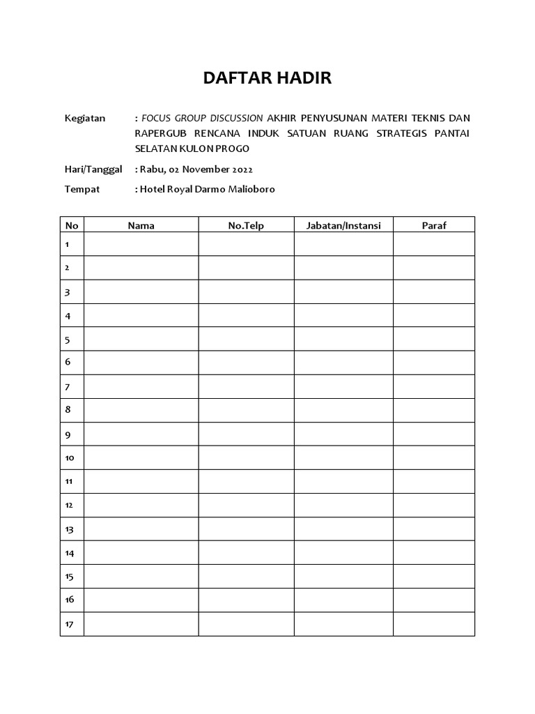 Daftar Hadir: No Nama No - Telp Jabatan/Instansi Paraf | PDF | Bisnis | Seni