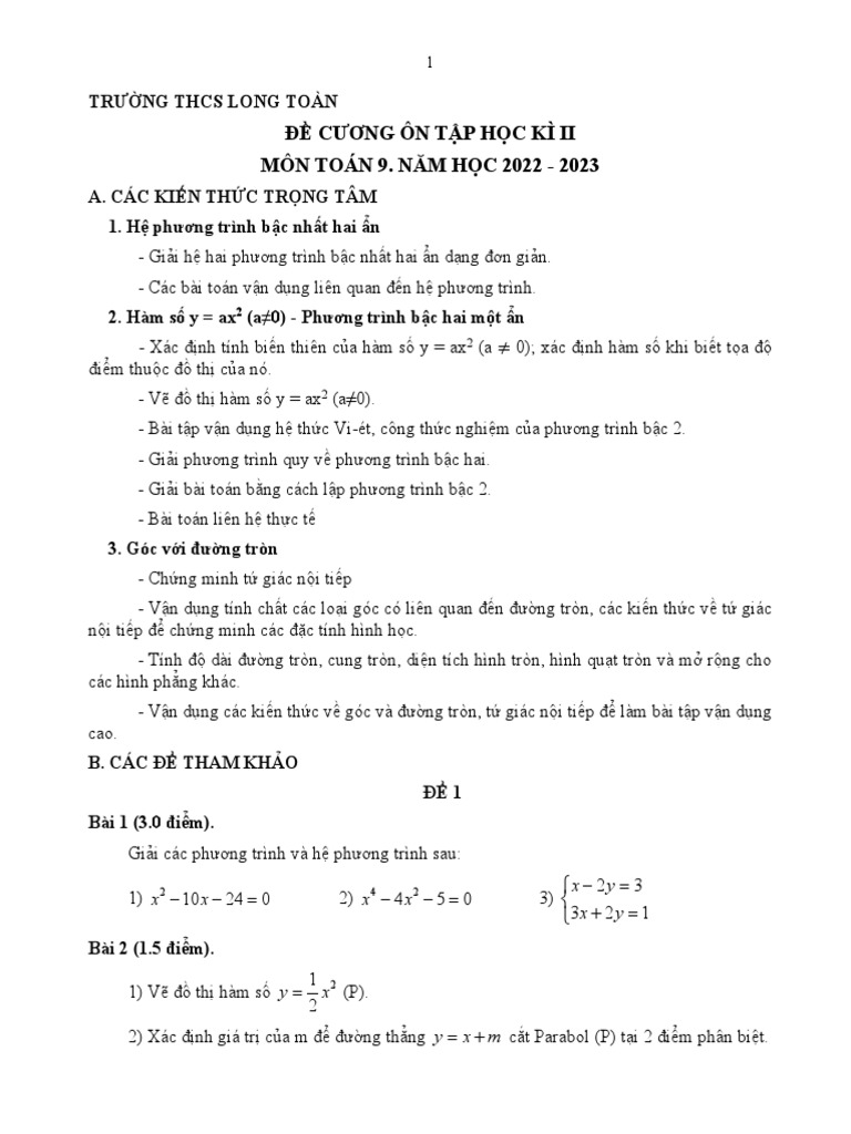 De Cuong Hoc Ky 2 Toan 9 Nam 2022 2023 Truong Thcs Long Toan BR VT | PDF