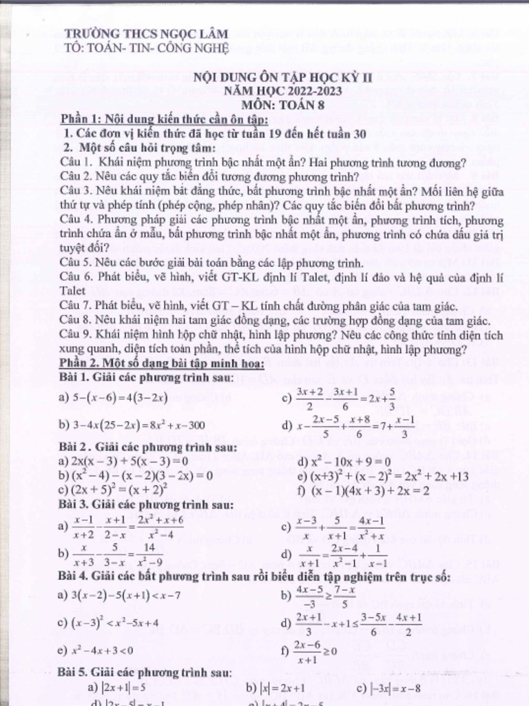 De Cuong On Tap Cuoi Ki 2 Toan 8 Nam 2022 2023 Truong Thcs Ngoc Lam Ha Noi | PDF