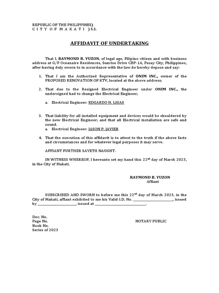 Affidavit of Change of Engineer for ONIM INC. | PDF
