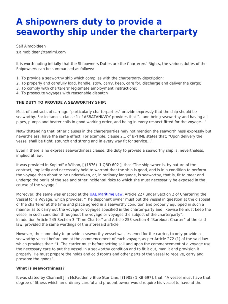 A Shipowners Duty To Provide A Seaworthy Ship Under The Charterparty ...