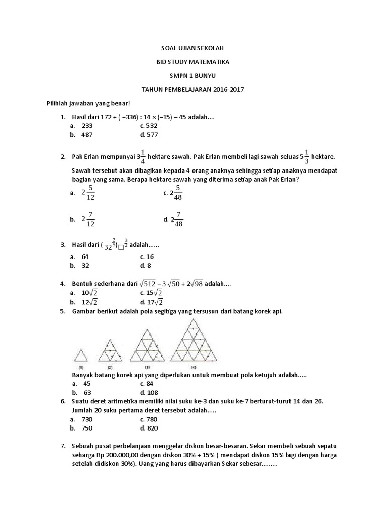Soal Ujian Sekolah Matematika Kelas Ix | PDF