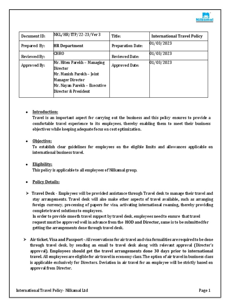 International Travel Policy.. | PDF | Credit Card | Travel Visa